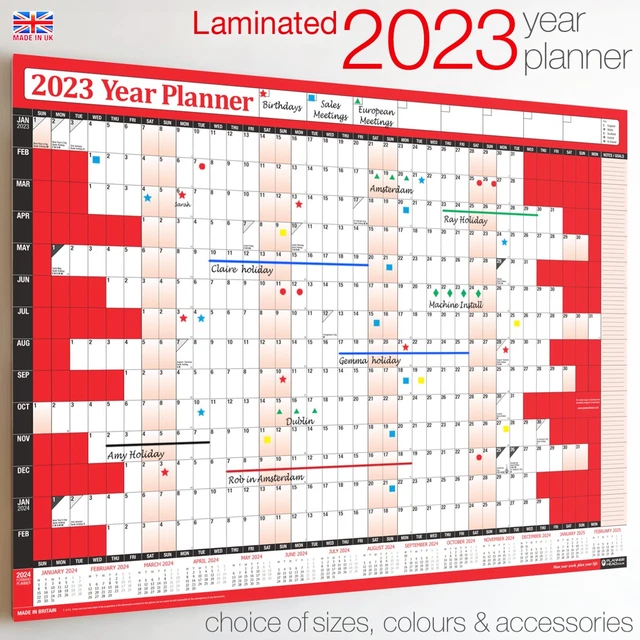 2023 YEAR PLANNER Calendar LAMINATED Holiday Wall Chart RED Stickers ...