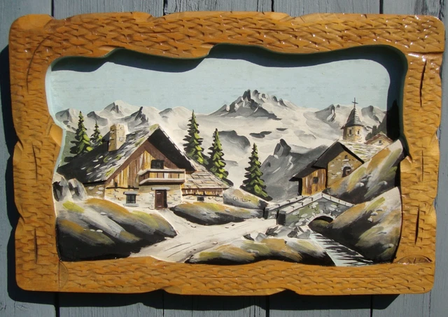 GRAND TABLEAU EN bois peint et sculpté signé chalet paysage de montagne vintage. EUR 39,99 ...