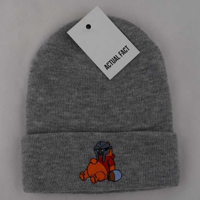ACTUAL FACT MF Doom Mask x Pooh Embroidered Hip Hop Roll Up Grey Beanie ...