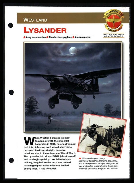 &LYSANDER WESTLAND& FICHE technique Aircraft of World British Seconde Guerre mondiale 10,27 EUR ...