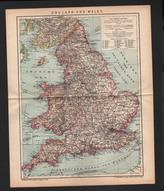 LANDKARTE MAP 1905 ENGLAND UND WALES. Durham York Stafford Suffolk ...