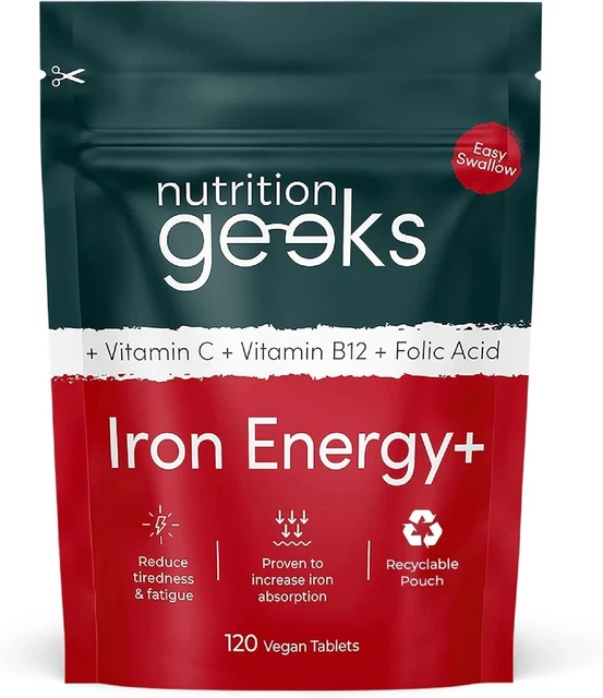 NUTRITION GEEKS IRON Tablets 120 Vitamin C, B12 High Strength ...