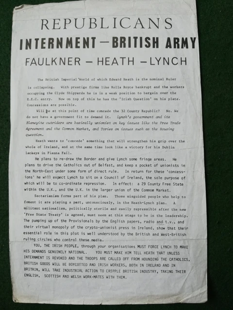 ORIGINAL 1970S IRISH Republican British Army Internment Large Leaflet ...