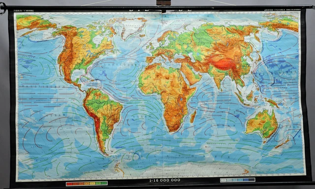 WORLD MAP VINTAGE Earth Mural Rollable Wall Chart Ocean currents £173. ...
