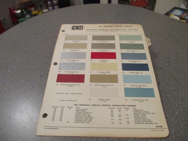 PAINT COLOUR REFERENCE 1962 Chevrolet Corvette Corvair Automotive Paint ...