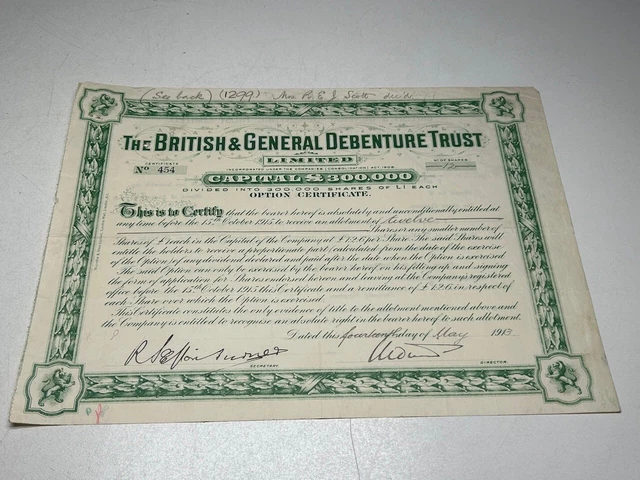 ANTIQUE (1913) THE British Debenture & General Trust Limited Share ...