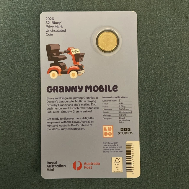 BLUEY - GRANNY Mobile - 2026 Privy Mark Coin in Card $2 Two Dollar ...