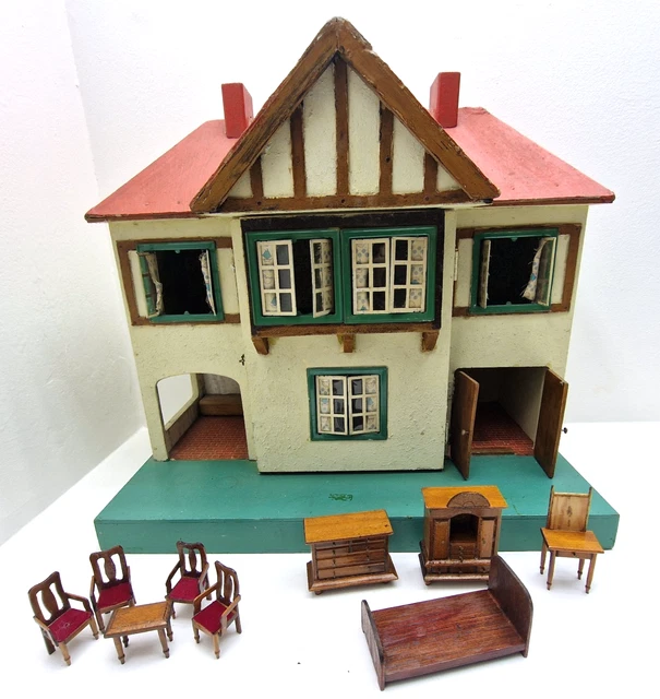 TRI-ANG VINTAGE WOODEN Dolls House Tudor Style With Furniture Opening ...