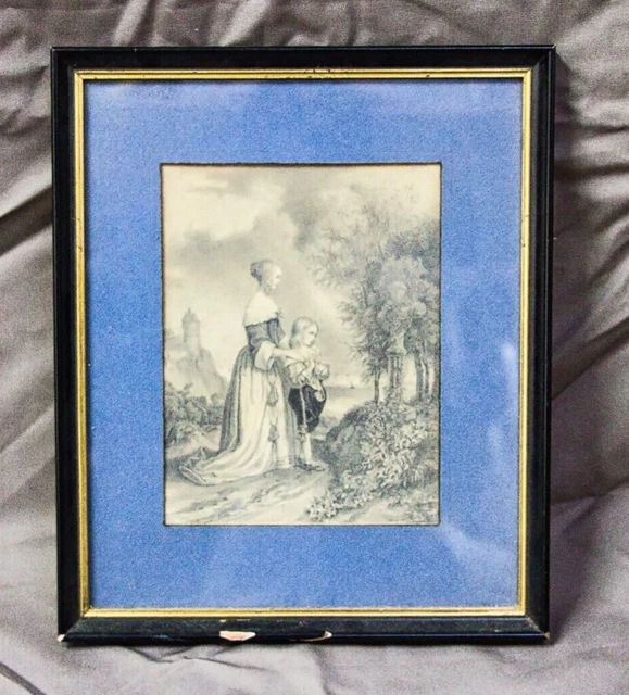 ORIGINAL DRAWING PIOUS landscape pencil mother and son XVIII - 19th ...