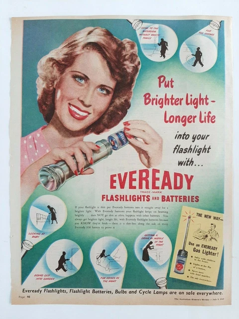 VINTAGE AUSTRALIAN ADVERTISING 1949 ad EVEREADY FLASHLIGHT & BATTERIES ...
