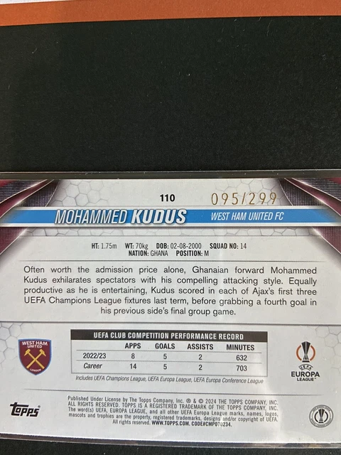 TOPPS UCC FLAGSHIP 2023 2024 - WEST HAM TITLE WINNER PARALLEL /299 ...
