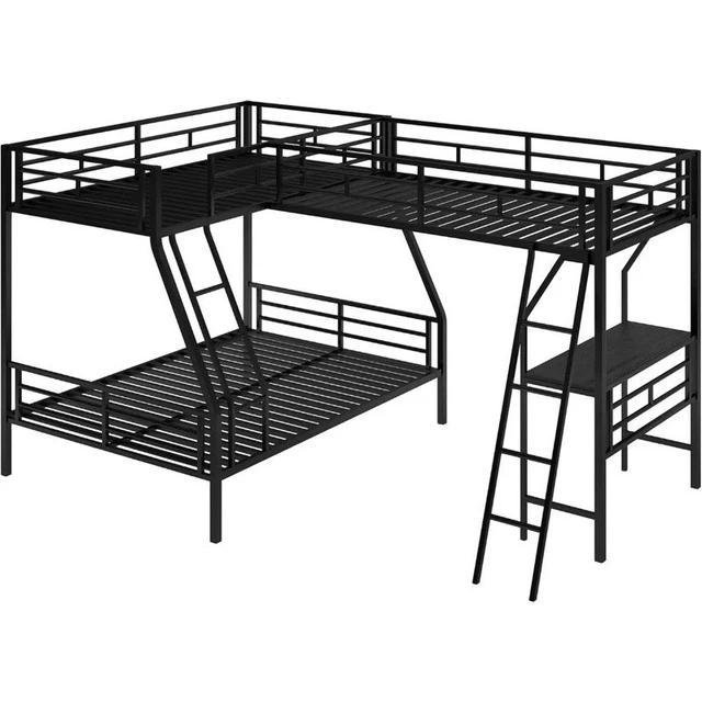 METAL BUNK BED Frame L-Shaped Full with Loft Attached Triple with Desk ...