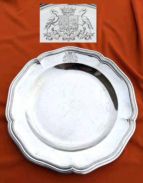 LOURD PLAT AUX filets en argent massif Minerve armoiries de baron 818 g ...