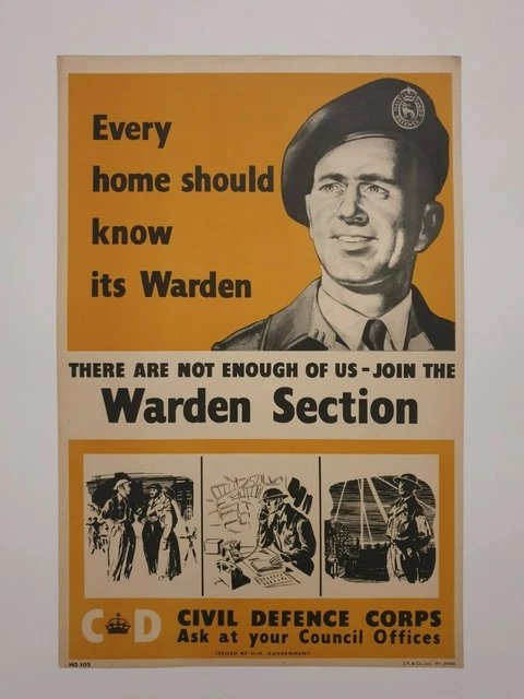 CIVIL DEFENCE CORPS vers 1950 Affiche Originale Warden Section Royaume ...