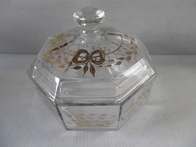 POT À POUDRE en verre hexagonal avec décor aux ruban or vintage parfait ...
