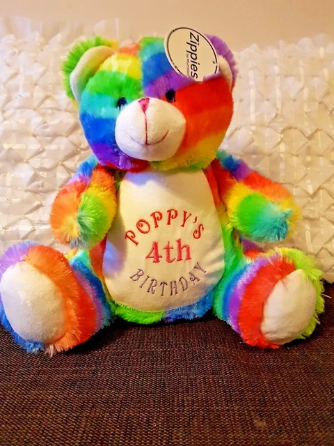 PERSONALISED MUMBLE ZIPPIE Rainbow Bear Soft Teddy Baby Memory Birth ...