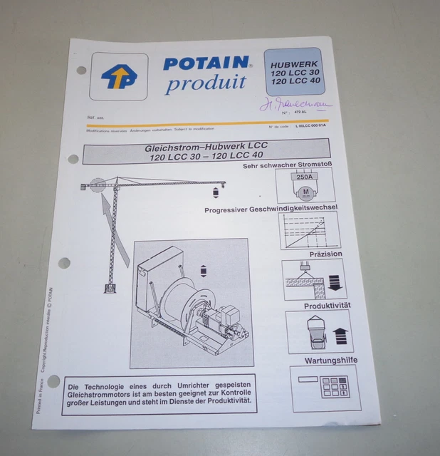 PRODUIT FICHE TECHNIQUE Potain courant continu levage 120 LCC 30 - 120 ...