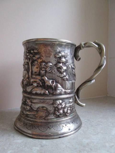 ANTIQUE LARGE SILVER Plated Tankard - Chinese Export? - Cattle / Farm C ...