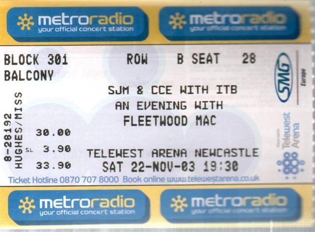 FLEETWOOD MAC TELEWEST Arena Newcastle 22nd November 2003 ticket UK ...