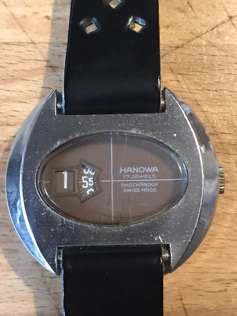 RARE MONTRE À guichet ancienne homme Hanowa swiss made fontionne ...