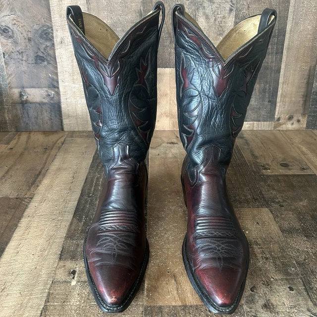 DAN POST VINTAGE Black Cherry Leather Inlay Western Cowboy Boots Mens ...