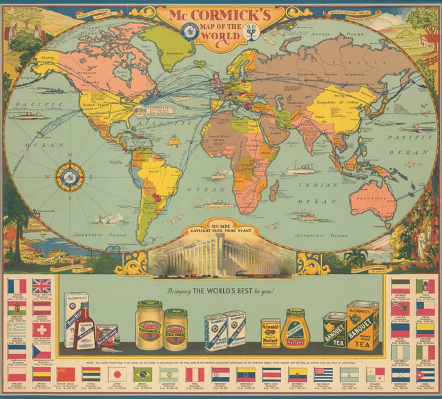1931 MCCORMICK'S MAP of the World - Spices - Trade Routes - Natives ...