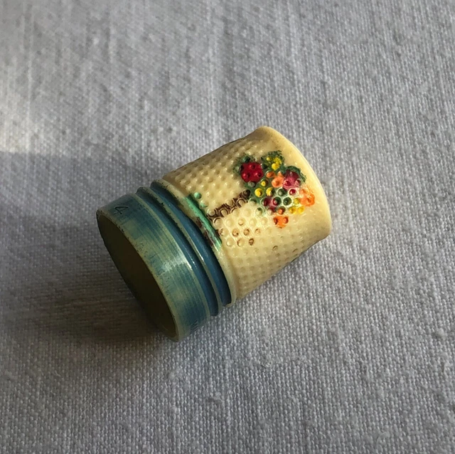VINTAGE THIMBLE HAND Painted Colourful Tree Fruit Tree Bush Celluloid ...