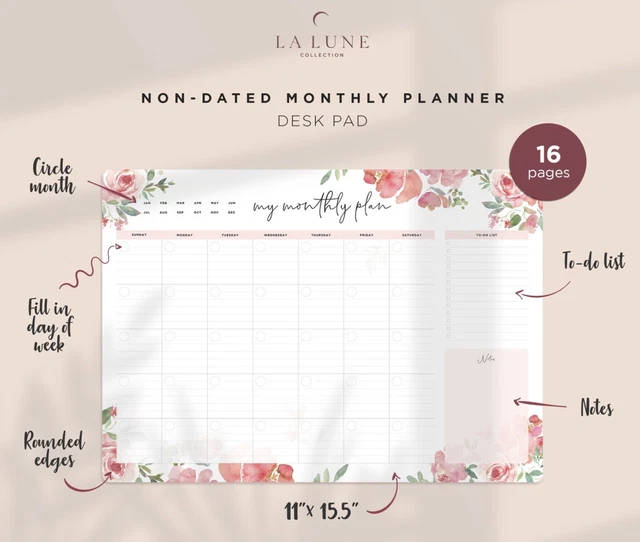 UNDATED MONTHLY DESK Calendar 16 Pages LaLune Collection Pink Flowers ...