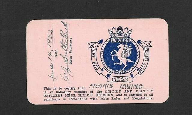 VINTAGE H.M.C.S UNICORN Chief & Petty Officers Honorary Membership Card ...