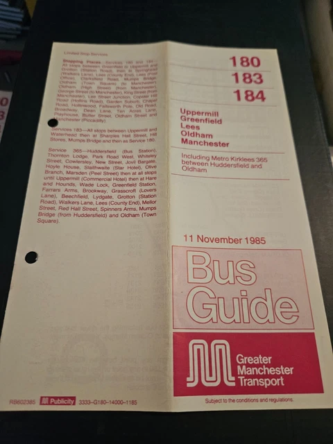 MANCHESTER BUS TRANSPORT Timetable Leaflet GMT 11 Nov 1985 HO7.49 £3.00 ...