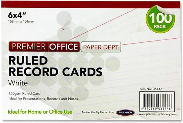 PREMIER 6X4 RECORD/INDEX Cards Ruled White Pack 100 Student School ...