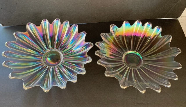 VINTAGE CARNIVAL GLASS Clear Iridescent 11.5 inch Dish, Flower Pattern ...