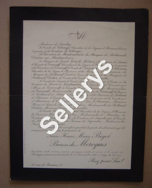FAIRE PART DE décès de Monsieur Pierre Henri Marie BIGOT Baron de Morogues EUR 24,90 - PicClick IT