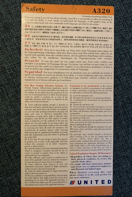 UNITED AIRLINES A320 safety card £6.95 - PicClick UK