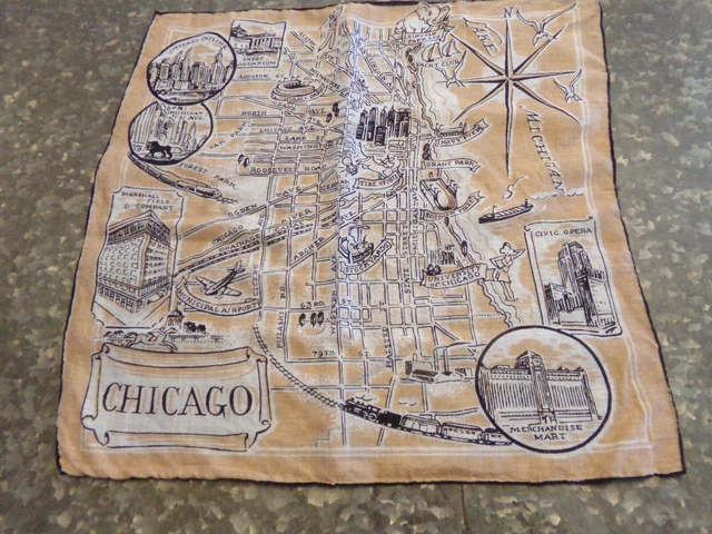 VINTAGE CHICAGO STREET map Places of interest Hanky Hankie Handkerchief ...