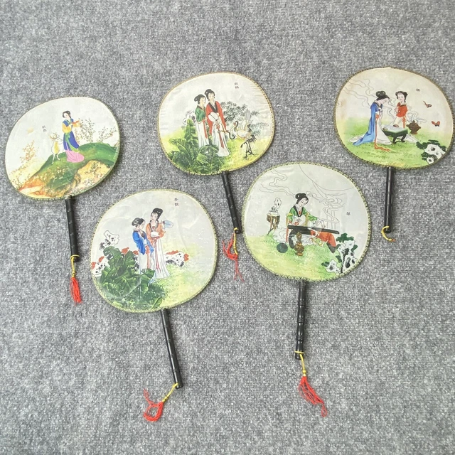 VINTAGE CHINESE HAND Fan Silk Set Of 5 Bamboo Wood Handle Painted ...