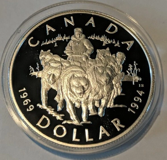 1994 CANADA $1 Sterling Silver Proof Coin RCMP Northern Dog Team Patrol ...
