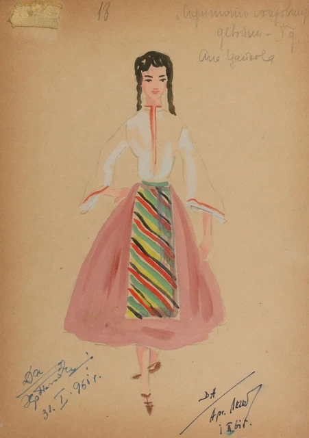 TABLEAU AQUARELLE SIGNÉ portrait de femme création de costumes de ...
