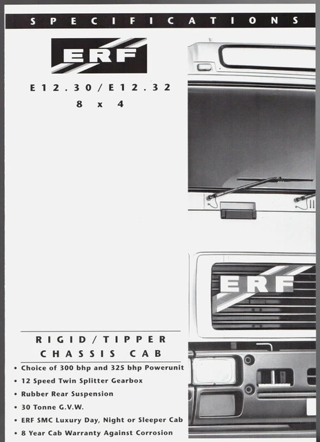 ERF E12.30 & E12.32 8x4 Rigid Tipper Specifications c1991 UK Foldout ...