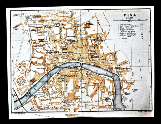 1909 ANTICA STAMPA Geografica:mappa Della Citta Di Pisa 1:8500 Aetna ...
