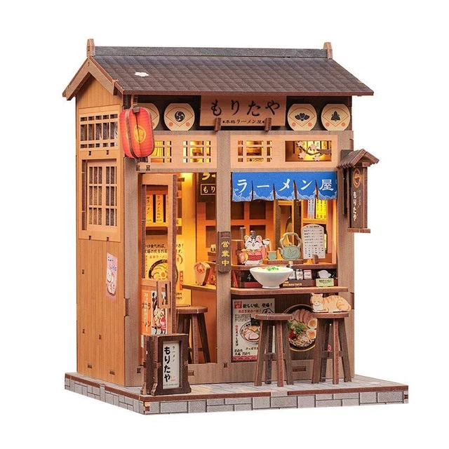 DIY CABIN BOOKEND Set 3D Wooden Late-night Noodle Shop with LED Lights ...