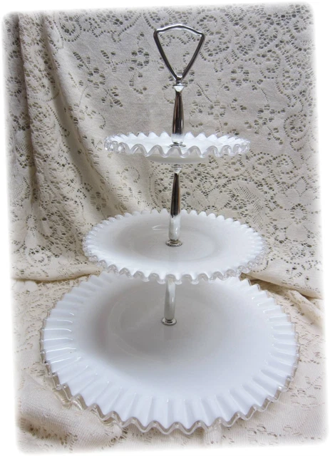 FENTON ART GLASS Three Tier Silver Crest Milk Glass Tidbit Server £47. ...