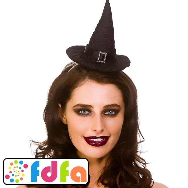 WICKED BLACK DELUXE Satin Witches Hat on Headband Adults Halloween ...