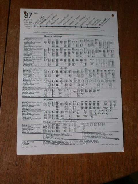 LONDON TRANSPORT BUS Stop Timetable Panel-Route 87, 1983 £1.50 ...