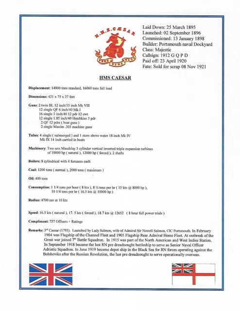 ROYAL NAVY BATTLESHIP Hms Caesar 1898 8 X10 Photograph With Stats Sheet ...