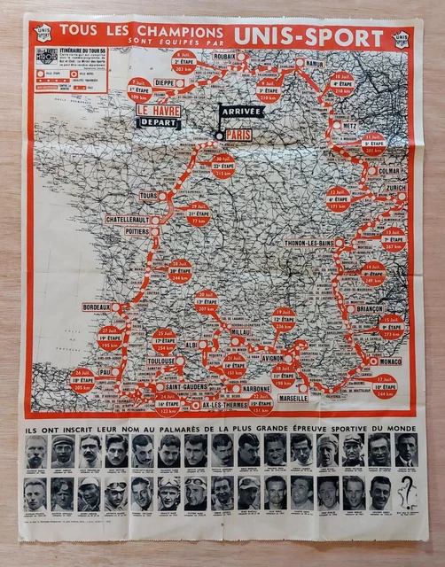 VINTAGE ORIGINAL 1955 Tour De France Route Map Carte du Tour. £95.45 ...