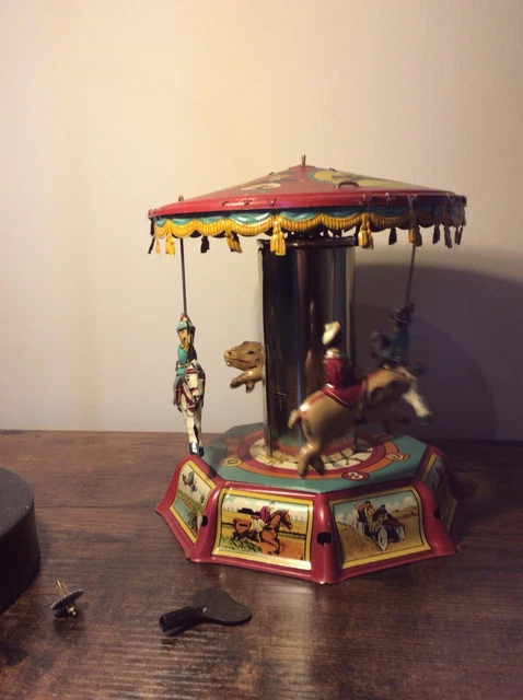 VINTAGE FAIRGROUND CAROUSEL Model Merry Go Round Tin Toy Collectable ...