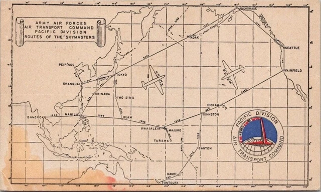 1940S WWII MILITARY Map Postcard "ARMY AIR FORCES AIR TRANSPORT COMMAND ...