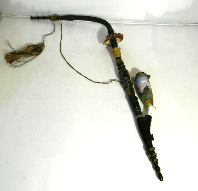 ANTIQUE GERMAN LONG Smoking Pipe Porcelain Hand Painted Red Deer Carved ...