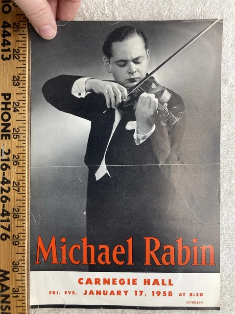 1958 MICHAEL RABIN Leon Pommers piano Carnegie Hall Program Flyer NY ...
